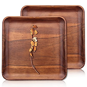 10 Inch Best Square Acacia Wood Dinner Plates Set of 2 Decorative Wooden Serving Platter for Food Fruit Tray Appetizer Dessert Salad Plates Charger Plates Charcuterie Boards