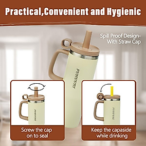 FUHUURI 40oz Stainless Steel Tumbler with Handle,Straw Lid,Double Wall Insulated, Keep Drinks Cold or Hot,Cupholder Friendly (Khaki brown)