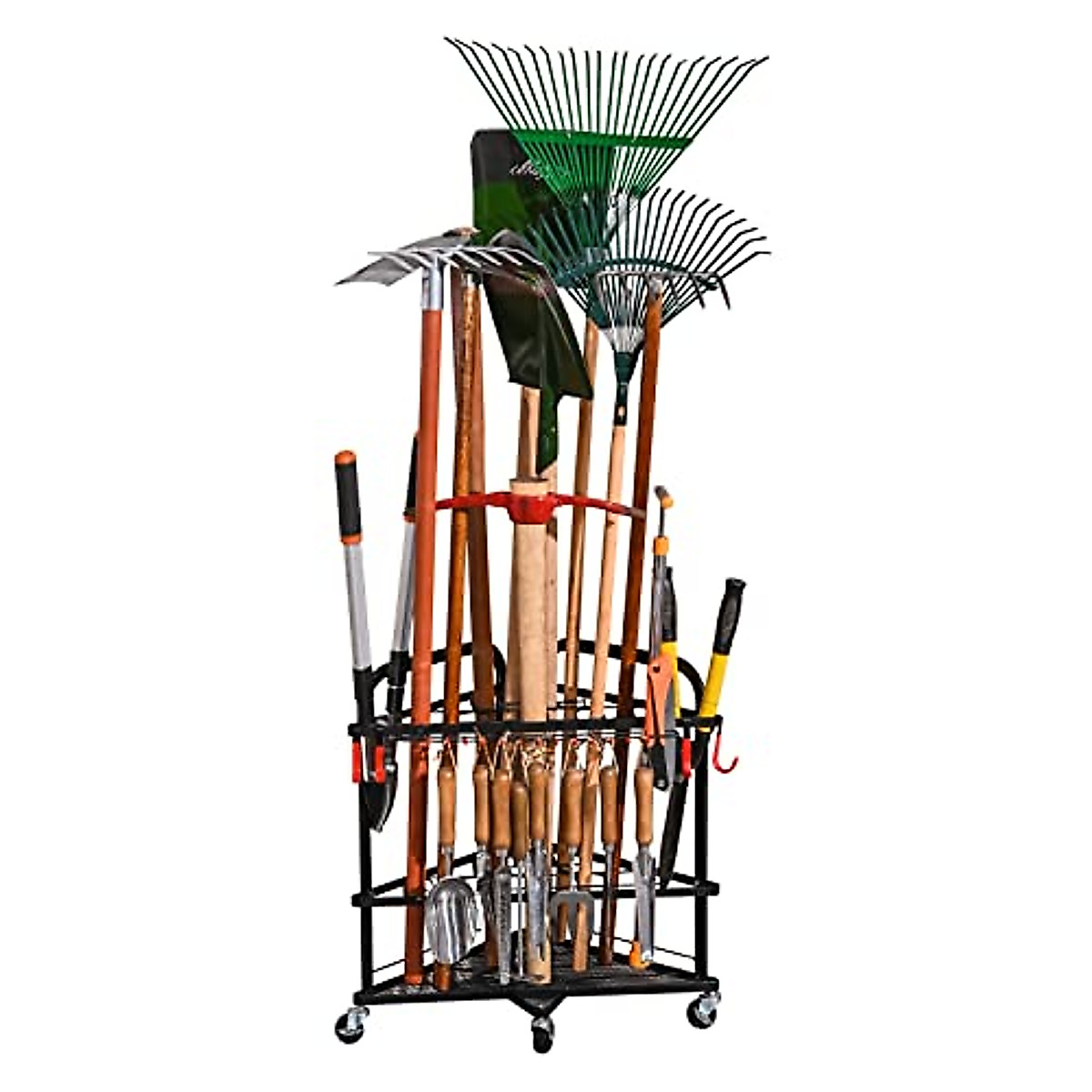 PLKOW Garden Tool Organizer with Wheels and Storage Hooks, Rolling Corner Tool Storage Rack for Garden, Shed, Garage, Powder Coated Steel, Black