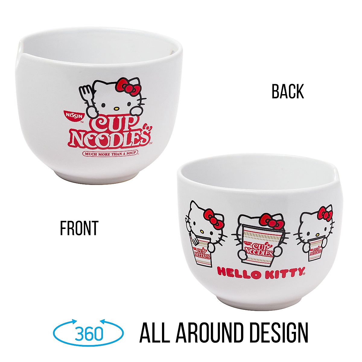 Silver Buffalo Hello Kitty Cup Noodles Nissin Boxed Ceramic Ramen Noodle Bowl with Chopsticks, 20oz