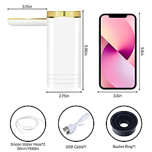 GALASALA 5 Gallon Water Dispenser USB Rechargeable, Foldable Automatic Water Dispenser with 2 Food Grade Silicone Tubes, Remove The Adapter Ring Before Use, for 1-5 Gallon Bottles (White)