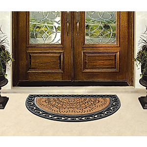 A1 Home Collections A1HOME200131 Heavy Duty Welcome Doormat A1HC Natural Coir & Rubber Round Door Mat, 30" X 48", Half Circle Paisley Black