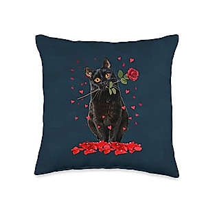 Valentines Day Black Cat with Red Rose Black Cat Rose in Mouth Valentines Day for Girls Boys Teens Throw Pillow, 16x16, Multicolor