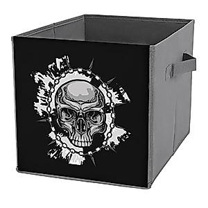 Skull Chain PU Leather Collapsible Storage Bins Canvas Cube Organizer Basket with Handles