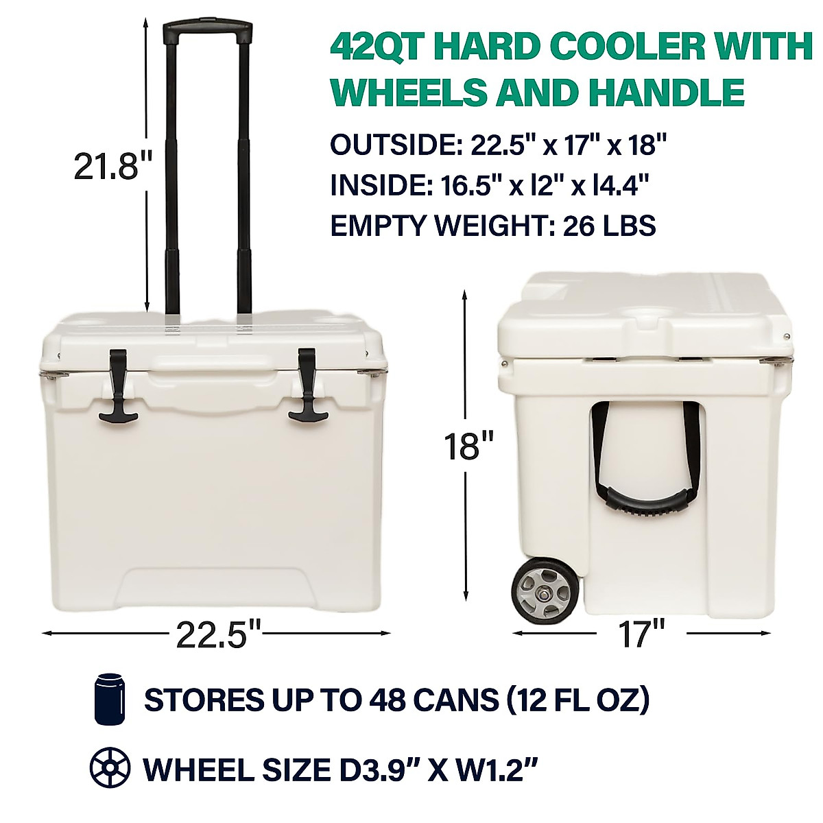 FOROUT Hard Cooler with Wheels and Handle, 42 Quart Ice Chest with Wheels Keeping Ice Cold for Days, Great for The Beach, Boat, Travel,Fishing, Barbecue or Camping White