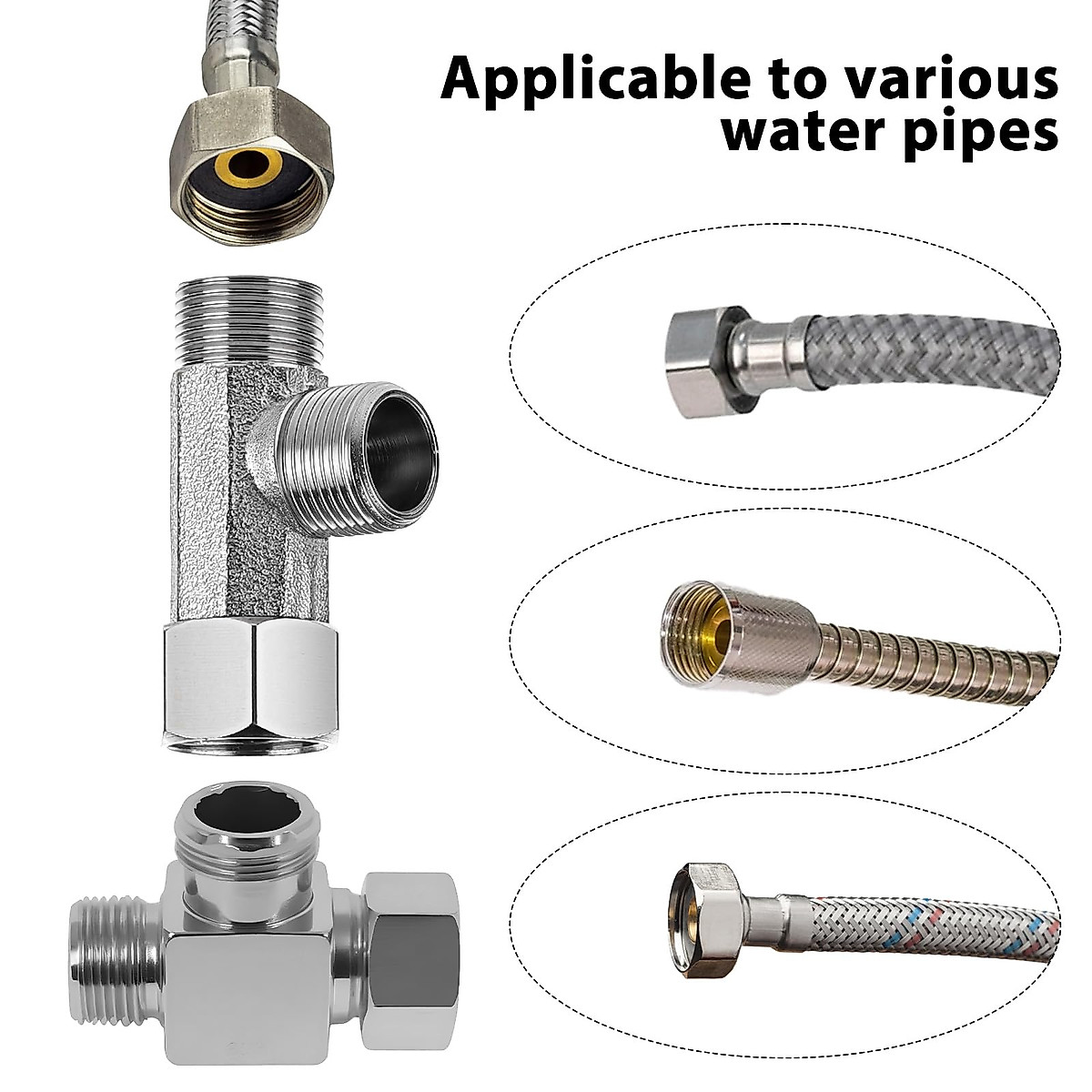 2pcs Hose Fitting Tee Valve T Shape Adapter 3/8 x 1/2 Adapter T Connector Valve Splitting Water Supply T Pipe Fitting 3 Way Valve 3/8 Tee Compression for Bath Bidet Sprayer Toilet Shower Head