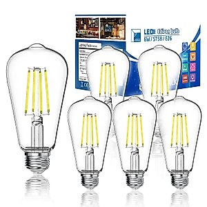 VOOSEI Daylight Bulbs 4000K LED E26 60W Dimmable, 6W Equivalent to 60W Edison High Brightness ST58 Antique Filament Bulbs Clear Glass Pack of 6