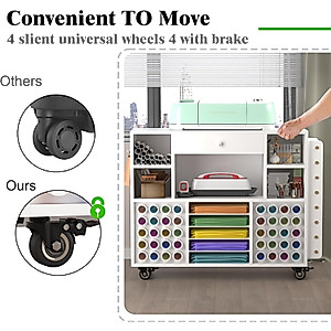 Craft organization and storage Cart Compatible with Cricut Machine, Rolling Craft Organizer With large drawer & 48 Vinyl Roll Holder, Crafting Cabinet Table Workstation for Craft Room Home