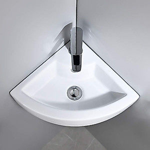 VOKIM Small Corner Wall Mount Bathroom Sink and Faucet Combo with Overflow White Porcelain Ceramic Above Counter Mini Vanity Vessel Sink with Chrome Faucet and Pop-up Drain Combo