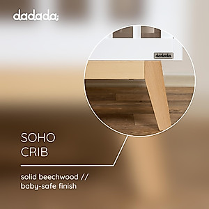 dadada Baby Soho 3-in-1 Convertible Crib – Made in Italy, GREENGUARD Gold, Adjustable Mattress Height, Solid Beechwood – Baby-Safe Finish, Modern Design 53.15 x 29.95 x 36.7 in (White + Natural)