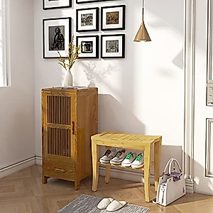 SogesHome Bamboo Shower Bench, Shower Caddies Foot Rest with Storage Shelf for Shampoo Towel, Ideal for Bathroom/Living Room/Bedroom, Natural