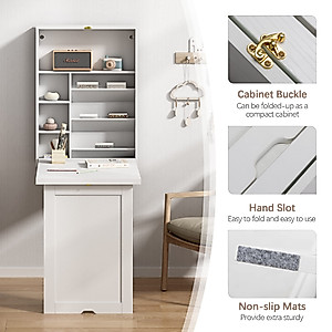 JAXPETY Wall Mounted Space Saving Desk Fold Out Convertible Desk Wood Floating Writing Desk with Storage Shelves Laptop Tabletop for Home Office, White