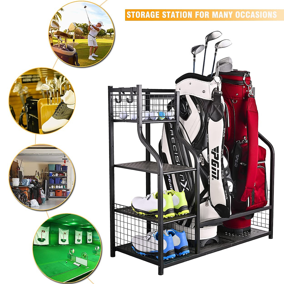 SNAIL Golf Bag Garage Storage Organizer Extra Large Size Golf Bag Rack Stand Holder Fits 2 Golf Bags and Other Golfing Equipment Accessories, Metal Black Golf Club Storage for Garage Shed and Basement