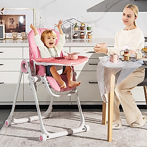 BABY JOY High Chair for Babies & Toddlers, Foldable Highchair with Adjustable Backrest/Footrest/Seat Height, Double Removable Trays, Detachable Seat Cushion, 4 Lockable Wheels (Pink)