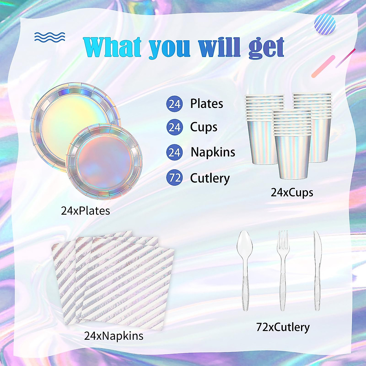 168 Pcs Iridescent Laser Birthday Party Tableware Set, Shiny Iridescent Dessert Plates Cups Sparkle Holographic Foil Napkins for 24 Guest Disco Bridal Wedding Christmas Iridescent Party Decoration