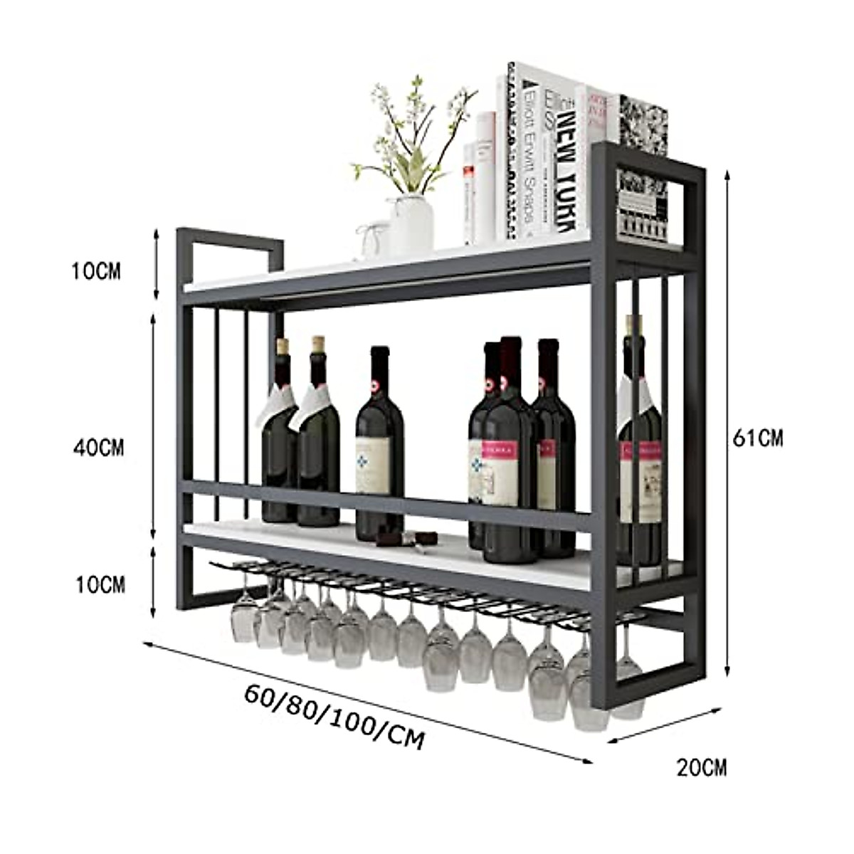 Nordic Iron Wine Rack Wall Hanging Racks,Wall Decoration Metal Wine Bottle Storage Shelf ，Creative Hanging Cup Rack Display Rack with White Wooden Board (Size : 60x20x61cm)