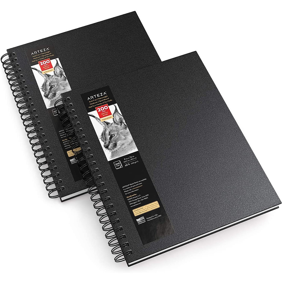Arteza Sketch Book, 9x12-inch, 2-Pack, Black Drawing Pads, 200 Sheets Total, 68 lb 100 GSM, Hardcover Sketchbook, Spiral-Bound, Use with Pencils, Charcoal, Pens, Crayons & Other Dry Media