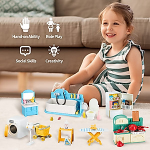 TAKIHON Dollhouse Furniture Set,Dollhouse Bathroom/Kitchen/Fridge/Washing Machine Laundry Set for Kids,Doll House Miniature Accessories,Educational Pretend Play Toys for Toddler,Boys,Girls