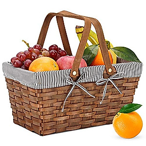 Woodchip Picnic Basket with Double Folding Handles, Natural Hand Woven Basket, Eggs Candy Basket for Easter, Kids Toy Storage Basket, Wedding Flower Girl Baskets for Valentine Day, Birthday, Grey
