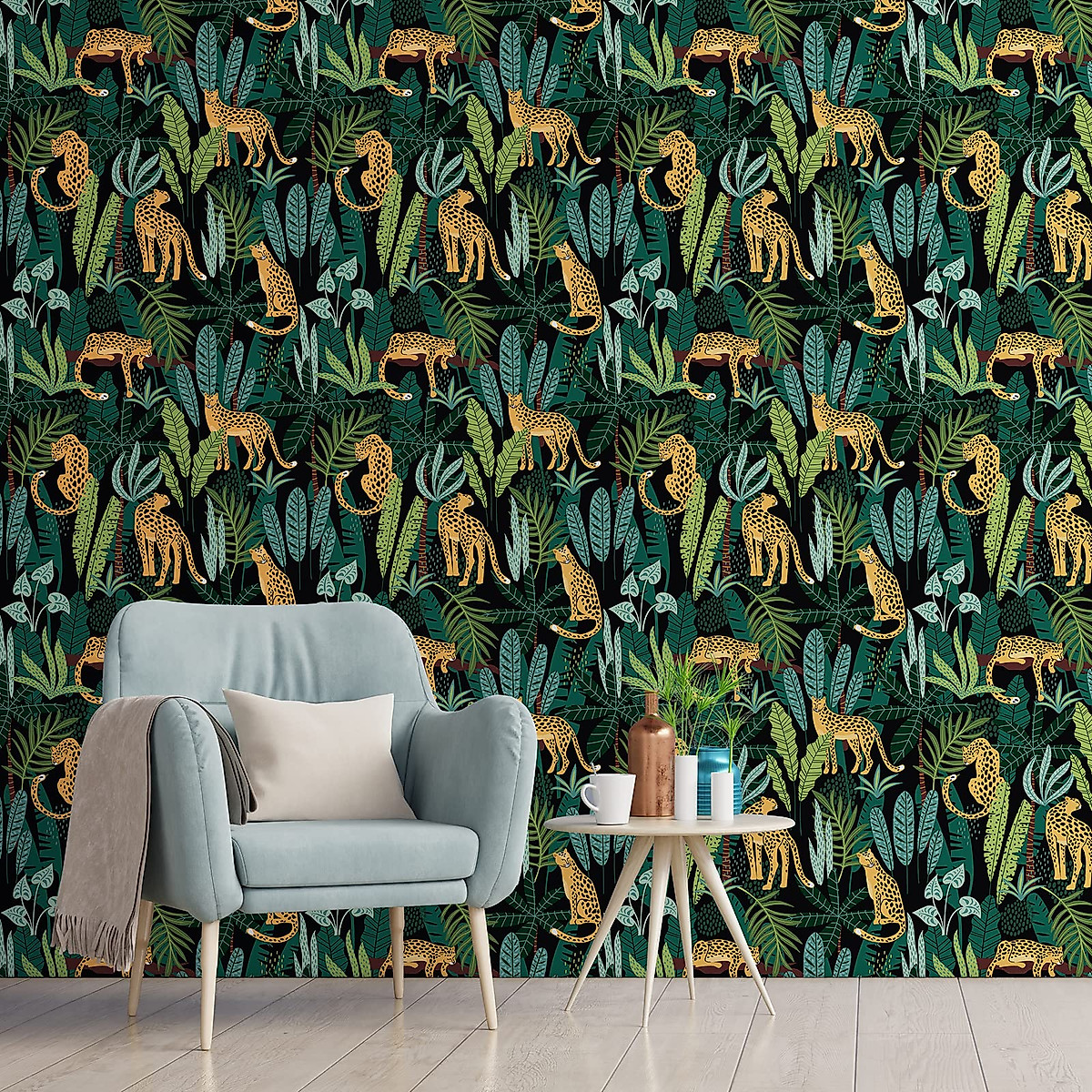 CHIHUT Leopard King Peel and Stick Wallpaper Self Adhesive Removable Jungle Animal Wallpaper Tropical Green Leaf Contact Paper Waterproof Wall Paper Decorative Vinyl Roll for Walls Cabinets 17.7”x100”