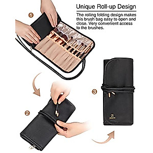 Relavel Makeup Brush Rolling Case Makeup Brush Bag Pouch Holder Cosmetic Bag Organizer Travel Portable Cosmetics Brushes Black Leather Case with Small Clear Bag