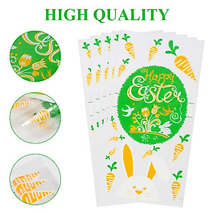 Artby7 50 Pack Easter Cellophane Bags, 5''x10.5'' Easter Treat Bags with Gold Twist Ties, Plastic Clear Cello Bags for Candy Goodie Easter Party Favor Supply Decoration