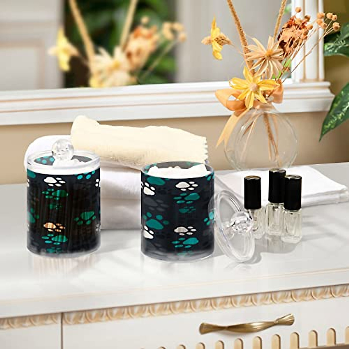 Kigai Cute Paw Prints Qtip Holder Dispenser - 14OZ Clear Plastic Apothecary Jars Food Storage Jar with Lids Bathroom Canister Organizer for Coffee, Tea, Candy, Floss (2Pack)