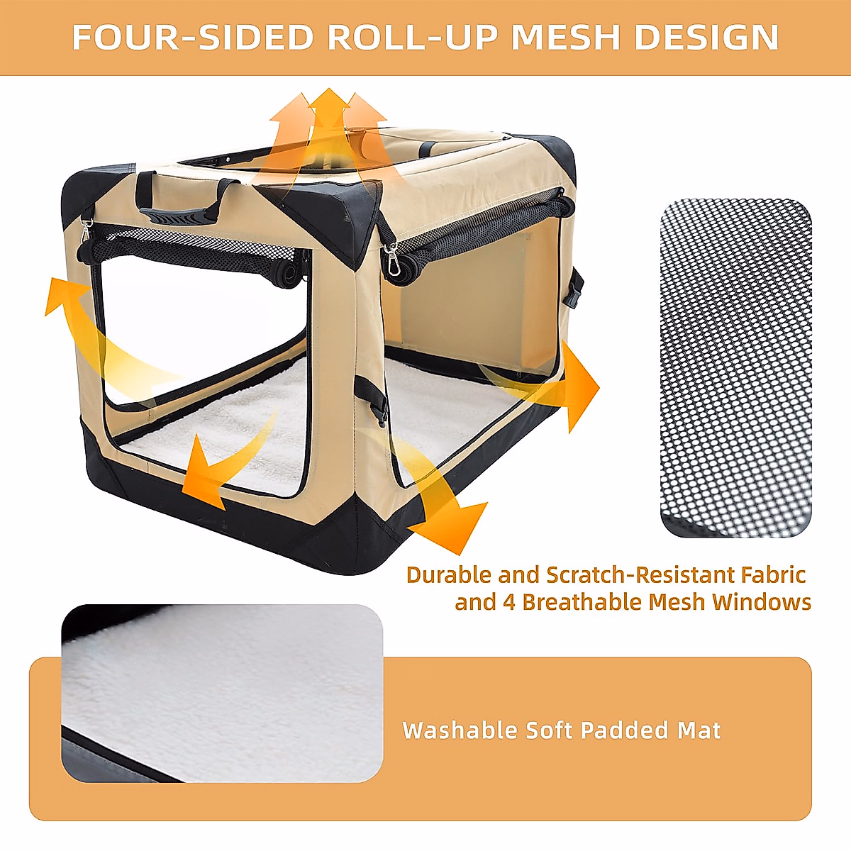 Pettycare 30 Inch Collapsible Dog Crate for Medium Dogs, 4-Door Foldable Soft Dog Kennel with Chew Proof Mesh Windows, Indoor & Outdoor Travel Dog Crate, Soft Side Dog Crate,Beige