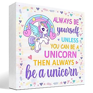 Always Be Yourself Unless You Can Be a Unicorn Inspirational Wood Block Sign Desk Decor,Cute Unicorn Wooden Box Plaque Sign Desk Decor for Nursery Girls Room Bedroom Playroom Decorations