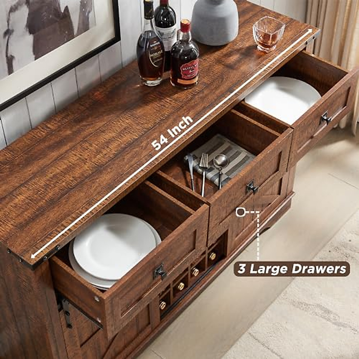 OKD Farmhouse Buffet Cabinet with Storage, 54" Sideboard w/ 3 Drawers, Sliding Barn Door, Wine and Glass Rack, Storage Shelves, Liquor Coffee Bar Cupboard for Kitchen, Dining Room, Reclaimed Barnwood