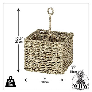4 Compartment Basket Caddy, Bottle and Condiment Holder, Woven Wicker Over Metal Frame, Seagrass, 10.5 Inches