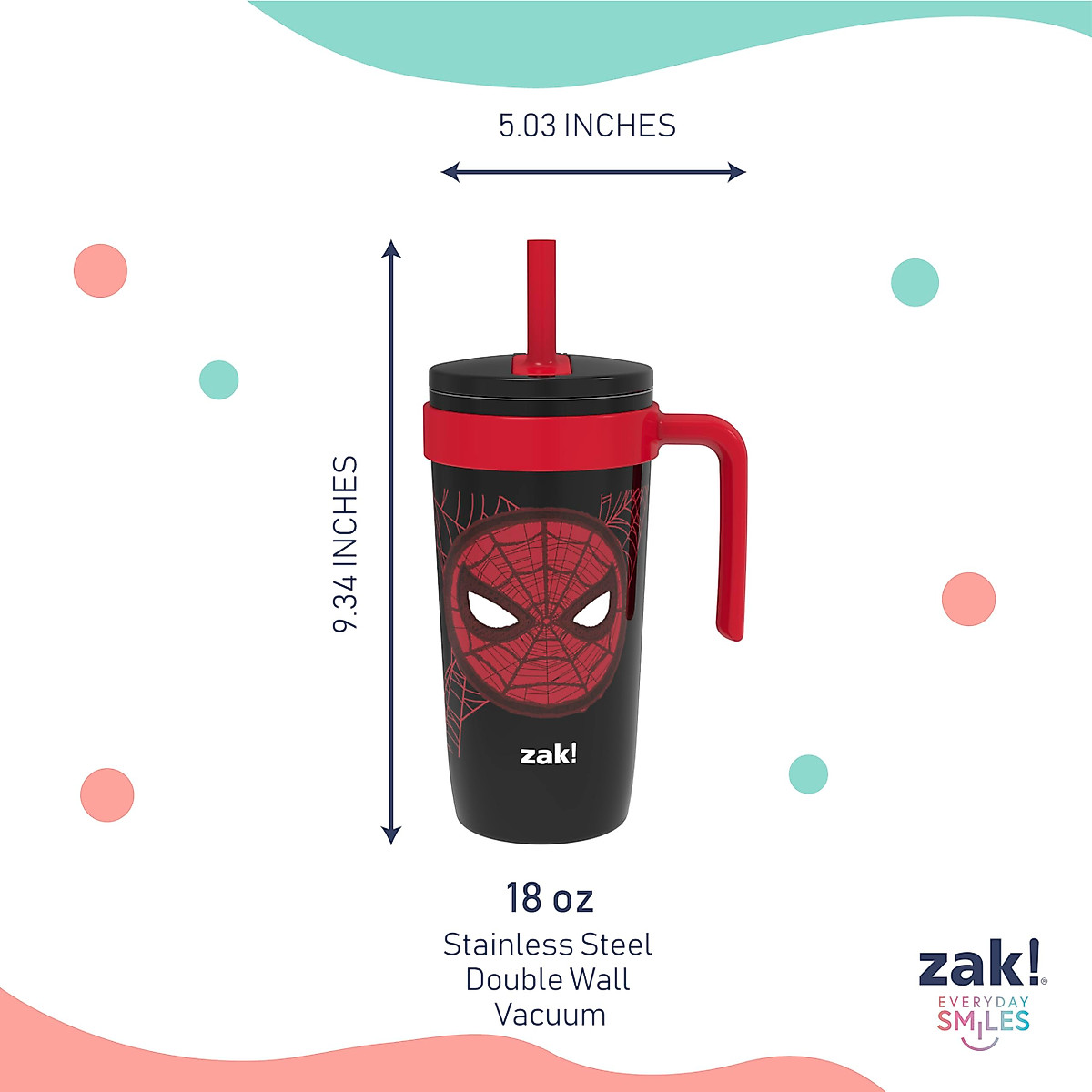 Zak Designs Marvel Fairway Travel Tumbler for On the Go or At Home, 18oz Stainless Steel with Vacuum Insulation, Spillproof Silicone Straw, and Carry Handle for Cold Drinks (Spider-Man)