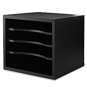 FITUEYES Wood Desk Paper Organizer with 4 Tiers Storage, Desktop File Holder, Document Letter Sorter Tray with Adjustable Shelves, Home Office Wooden Mail Rack, Black