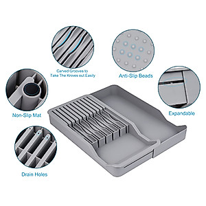 SOMIER Expandable Knife Organizer, Kitchen Drawer Knife Block with Adjustable Compact Flatware Cutlery Tray for Cooking Utensils, 2 Tier Knife Holder Insert for 11 Knives Storage, Gray