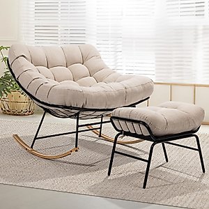 Bme Patio Rocking Chair Outdoor & Indoor with Ottoman, Metal Patio Lounge Rocking Chair with Thick Cushion, Comfy Modern Rocker Chair, Beige Cushion - Wood Texture Rocker