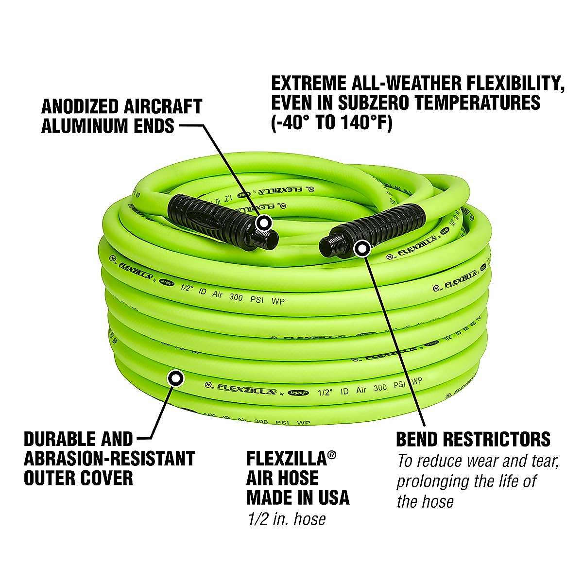 Flexzilla Air Hose, 1/2 in. x 100 ft., 1/2 in. MNPT Fittings, Heavy Duty, Lightweight, Hybrid, ZillaGreen - HFZ12100YW4
