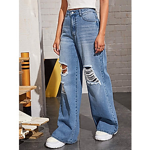 SweatyRocks Women's Casual Loose Ripped Denim Pants Distressed Wide Leg Jeans Blue Medium