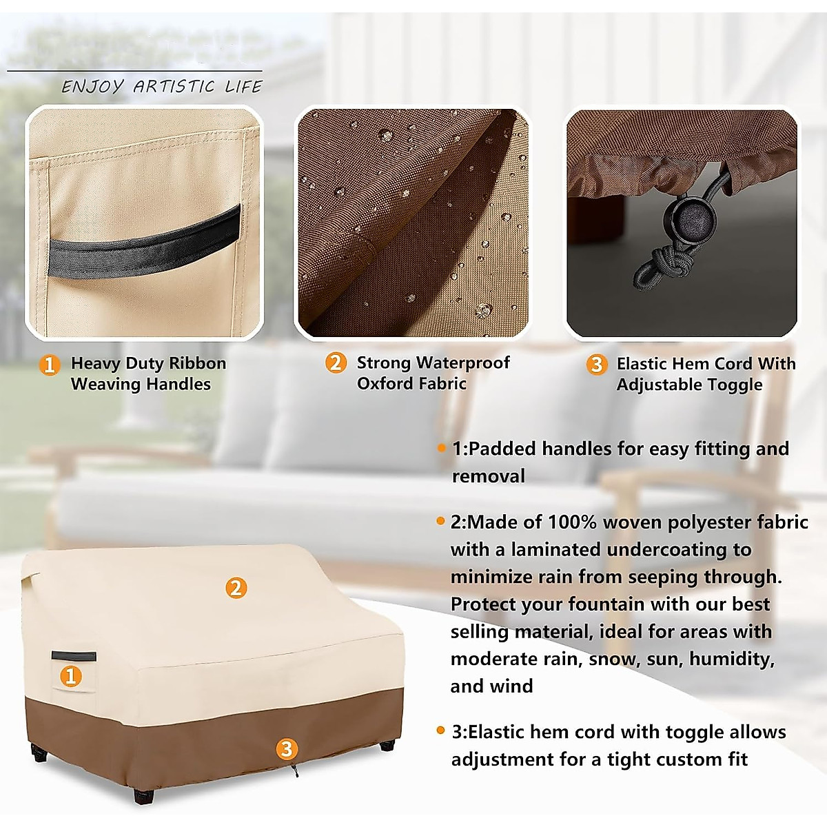 Heavy Duty Oxford Patio 3-Seater Sofa Cover,Outdoor Couch Cover,100% Waterproof Heavy Duty Patio Furniture Covers,Outdoor Couch Cover with Air Vents and Handles (White Coffea, 76W*32.7D*33H inch)