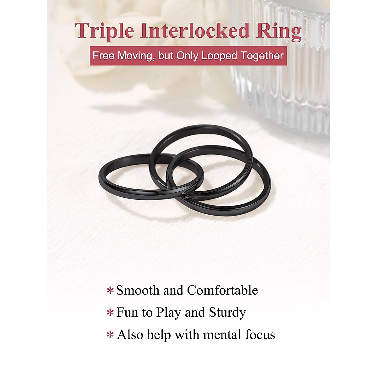 FOCALOOK Triple Band Rolling Ring Black Fashion Interlocked Anxiety Ring for Women (Black, 8)