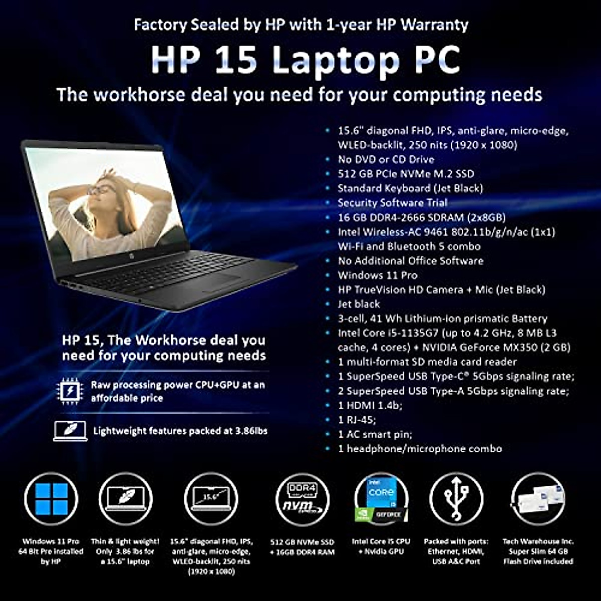 HP 15 Laptop 2022 Intel Core i5-1135G7, Nvidia MX350 2GB, 512GB NVMe SSD, 16GB RAM, Win 11 Pro, 15.6" FHD(non-touch), Jet Black, light weight 3.86lbs, long battery life, 64GB Tech Warehouse Flashdrive