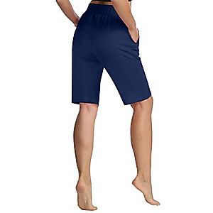 ChinFun Women's Yoga Bermuda Shorts Athletic Lounge Cotton Sweat Shorts 10" Long Shorts Workout Running Shorts Navy L