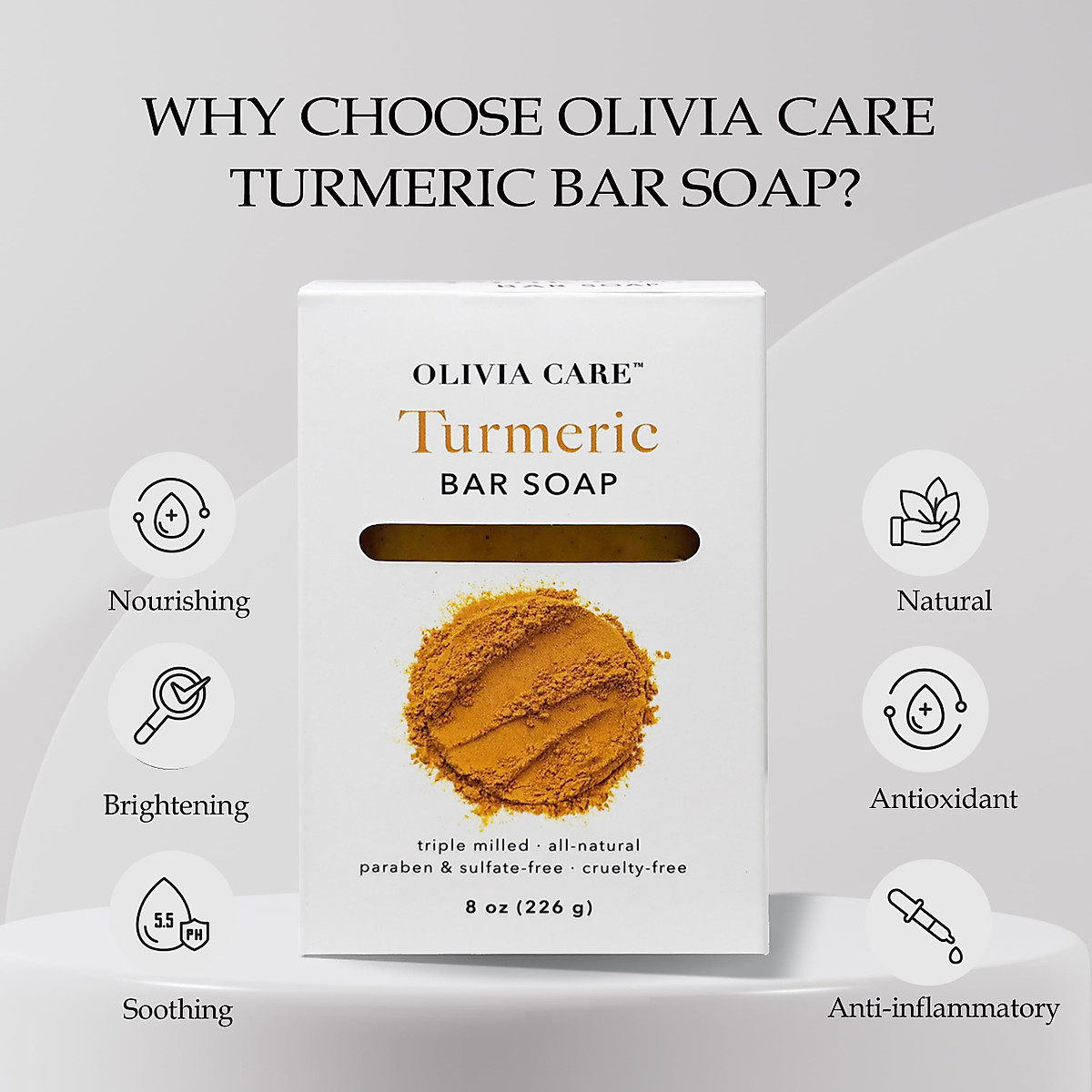 Olivia Care Turmeric Bar Soap -Natural, Vegan & Organic - For Face & Body Exfoliate, Hydrate, Moisturize & Deep Clean - Triple-Milled - Infused with Antioxidants - 8 OZ