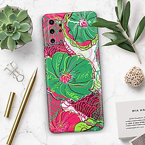 DesignSkinz Bright Pink and Green Flowers Protective Vinyl Decal Wrap Skin Cover Compatible with The Samsung Galaxy S20 (Screen Trim & Back Glass Skin)