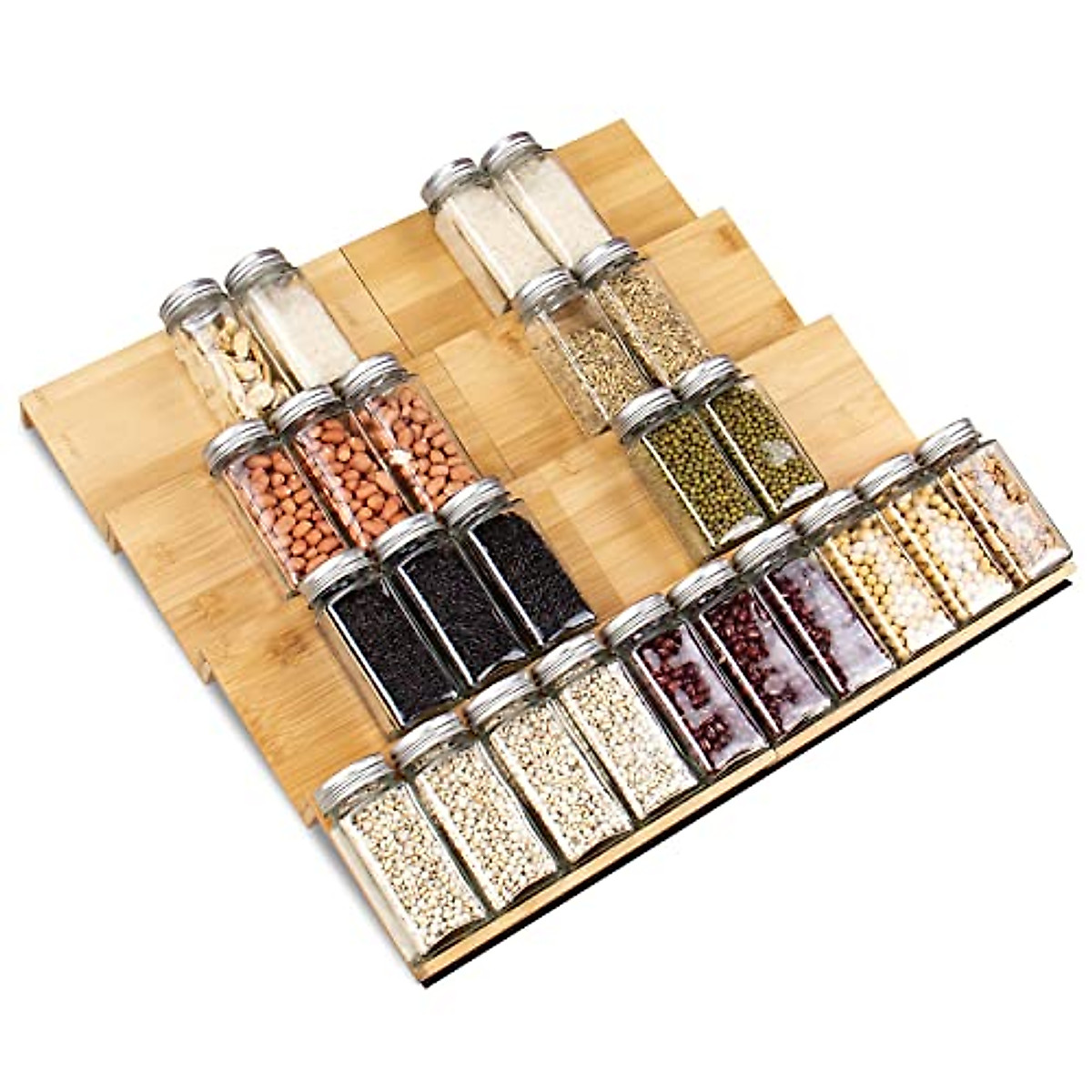 Spice Rack Organizer for Drawer, 8pcs Adjustable Expandable Kitchen Spice Rack Organizer, With Non-slip Sticker and 16 Labels, 4 Tiers Bamboo Spice Rack for Drawer, Cabinet, Countertop,18''W x16.5''D