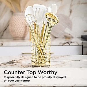 White Silicone and Gold Cooking Utensils Set with Holder- 7 PC Gold Kitchen Utensils Set Includes Gold Whisk, Gold Spatula, White Kitchen Utensils and Gold Utensil Holder- Gold Kitchen Accessories