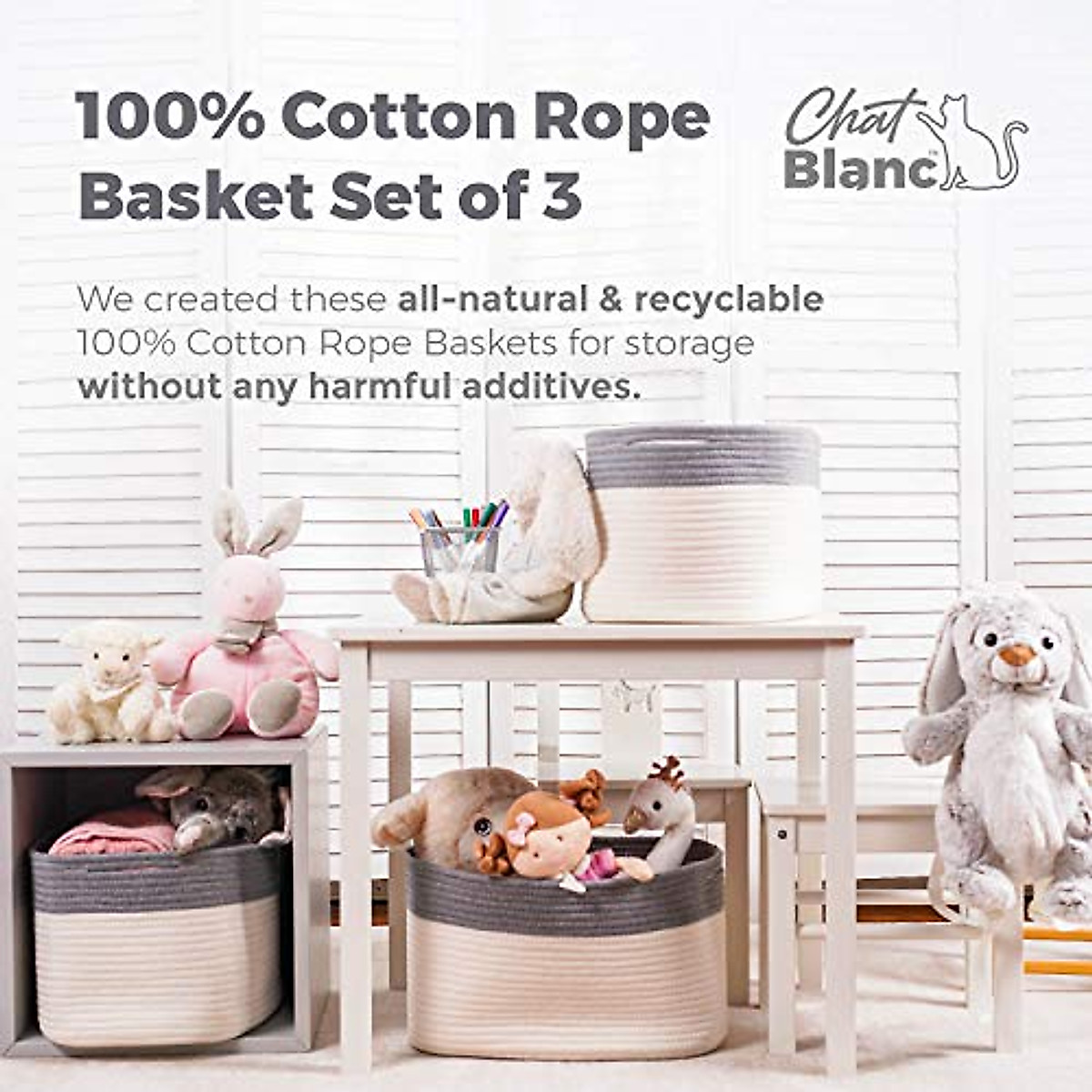 Cotton Rope Basket for Storage | 15"x10"x9" Set of 3 White & Gray Medium Storage Baskets for Organizing with Handles works as Cloth Baskets, Blanket Basket, Big Woven Laundry Basket or Toy Bin like Wicker Laundry Baskets