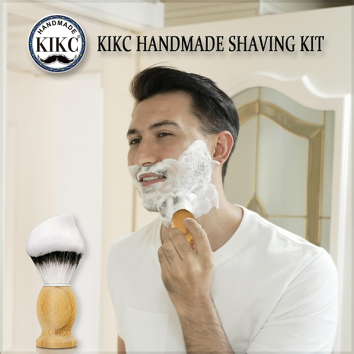KIKC Hand Crafted Shaving Brush for Vegans, Synthetic Hair Bristle for Wet Shave, Comfortable Bamboo Handle, Best Gift for Bearded Man