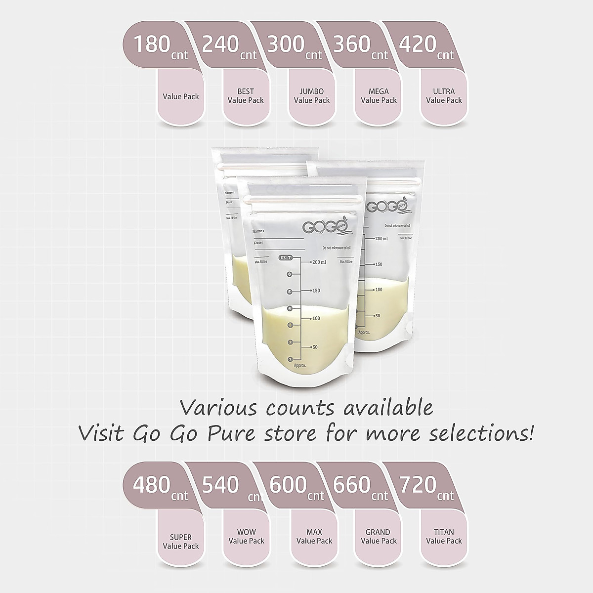 240 CT (4 Pack of 60 Bags) Best Value Pack Breastmilk Storage Bags - 7 OZ, EACH PRE-STERILIZED By Gamma Ray, BPA Free, Leak Proof Double Zipper Seal, Self Standing, for Refrigeration and Freezing