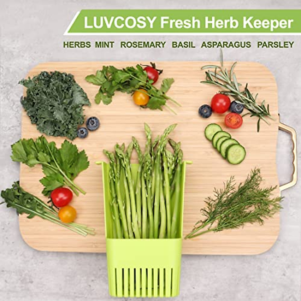 LUVCOSY Herb Keeper Set: 2 Pack Herb Saver+1 Pack Herb Scissors+2 Pack Herb Stripper, BPA-Free Plastic Herb Container for Cilantro, Mint & Asparagus, Keeps Fresh Herbs for 3 Times Longer