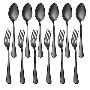 Set of 12, Stainless Steel Dinner Forks and Spoons Silverware Set, Heavy-Duty Forks (8 Inch) and Spoons (6.7 Inch) Cutlery Set, Dishwasher Safe (Black)